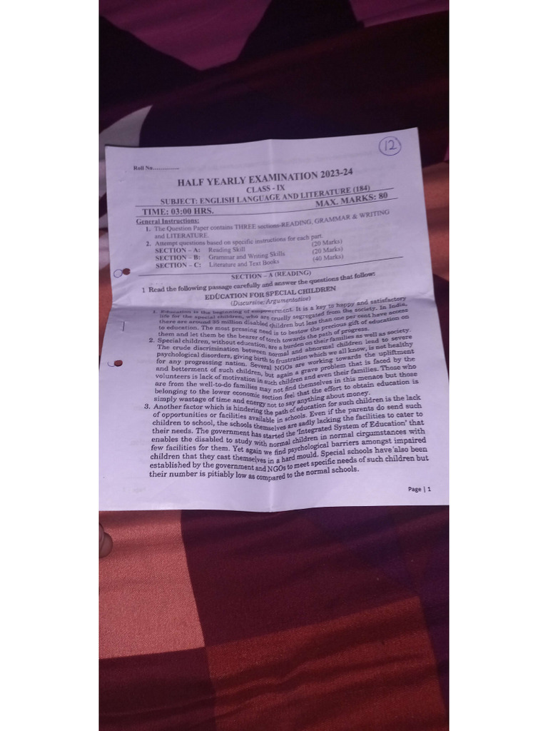 Class 9 English Papper - Last Year | PDF