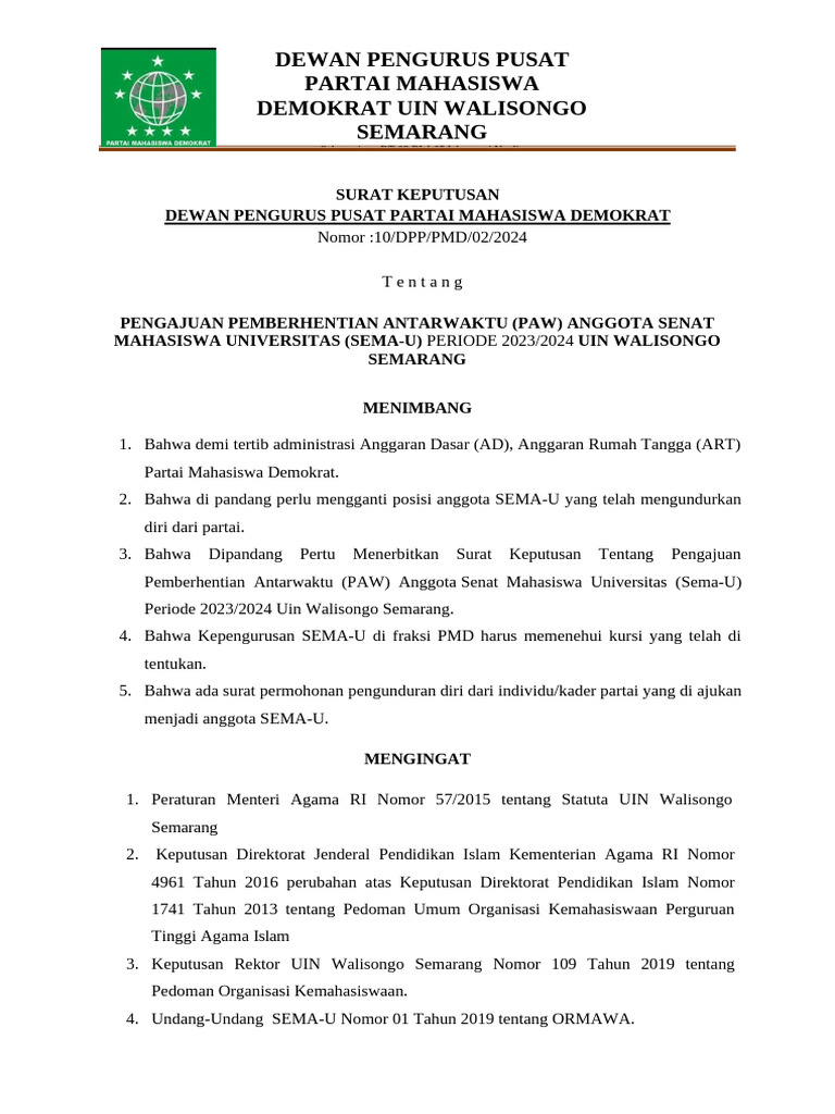 SK Pengajuan Pemberhentian Antarwaktu (Paw) DPP PMD 2023-2024 | PDF