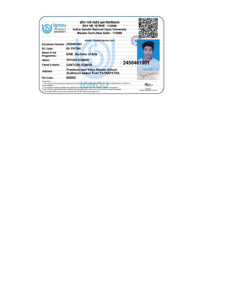 Enrolment Number: RC Code: Name of The Programme: Name: Father's Name ...