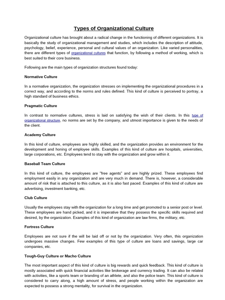 Types of Organizational Culture | PDF