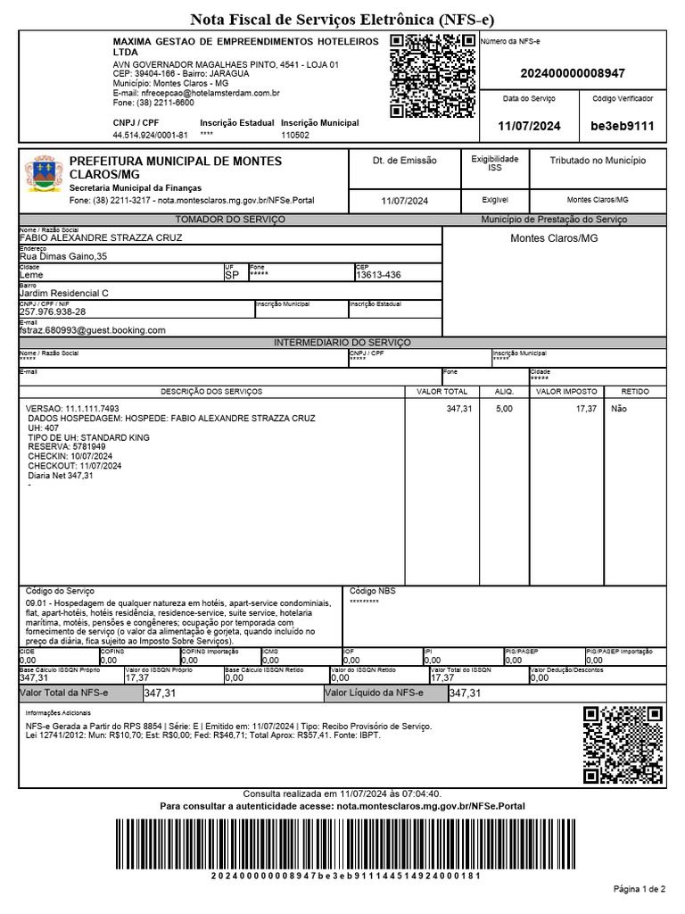 Nota Hotel Montes Claros | PDF