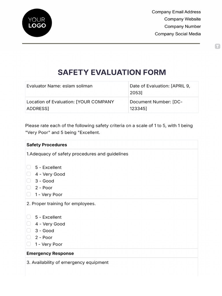 Safety Evaluation Form Template - Edit Online & Download Example | PDF