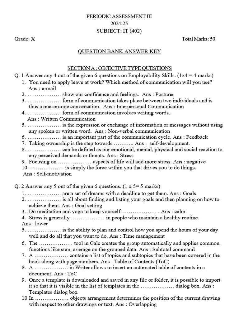 GRADE X QUESTION BANK ANSWER SHEET IT(402) | PDF