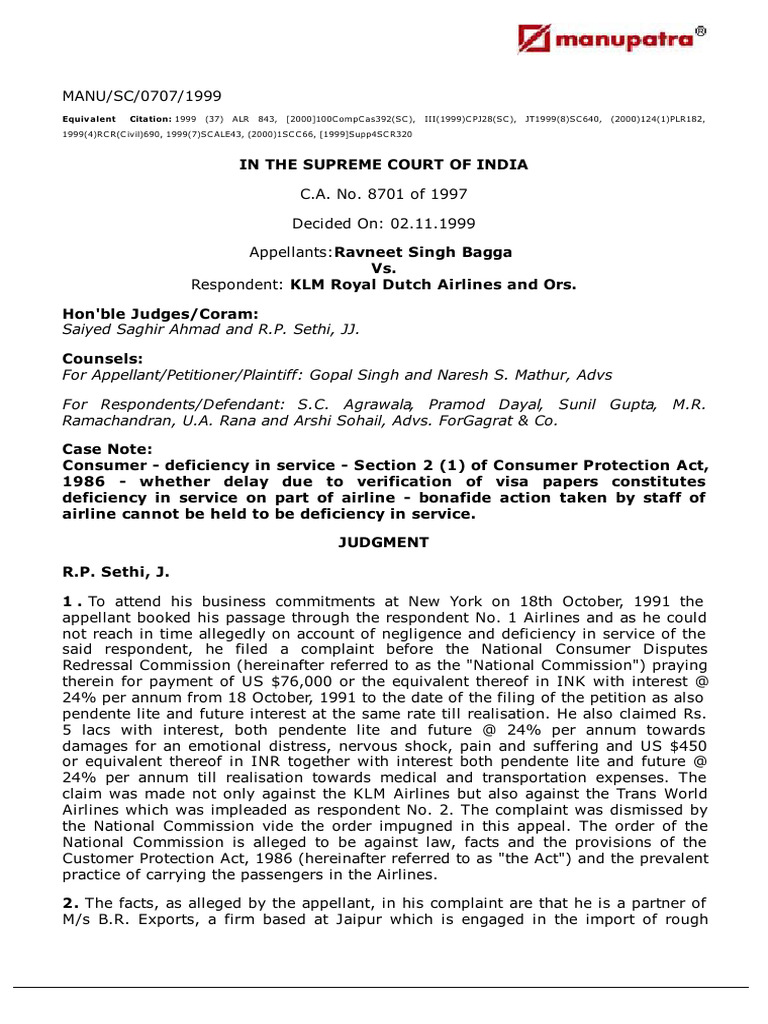 Ravneet Singh Bagga Vs KLM Royal Dutch Airlines a0230s990095COM148455 | PDF | Travel Visa | Airport