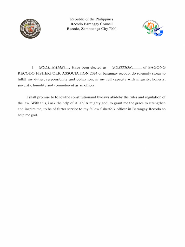 II FULL NAME, Have Been Elected As POSITION, of BAGOBG RECODO ...