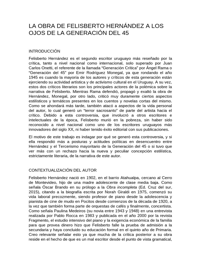 La Obra de Felisberto Hernández A Los Ojos de La Generación Del 45 | PDF