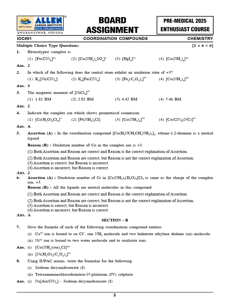 SET-1_CHEM_BOARD ASSIGNMENT_Coordination Compound_FC | PDF