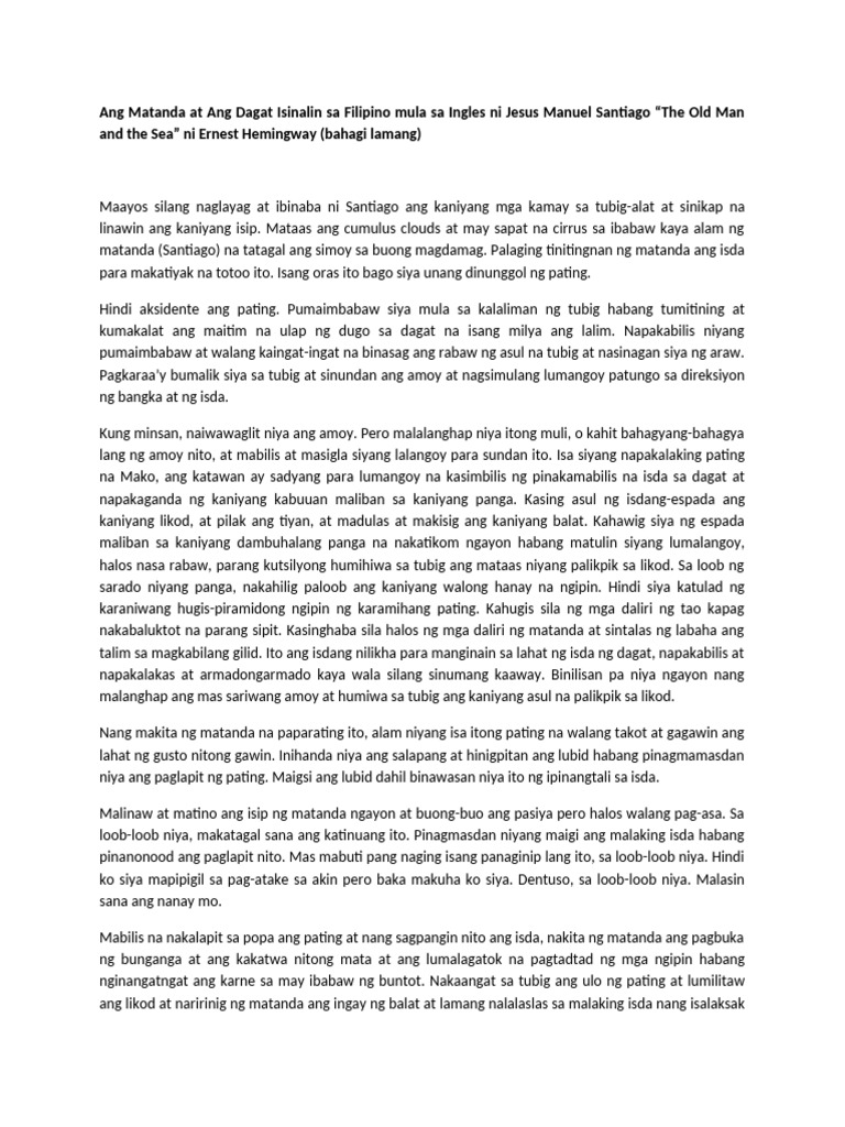 Ang Matanda at Ang Dagat Isinalin Sa Filipino Mula Sa Ingles Ni Jesus ...