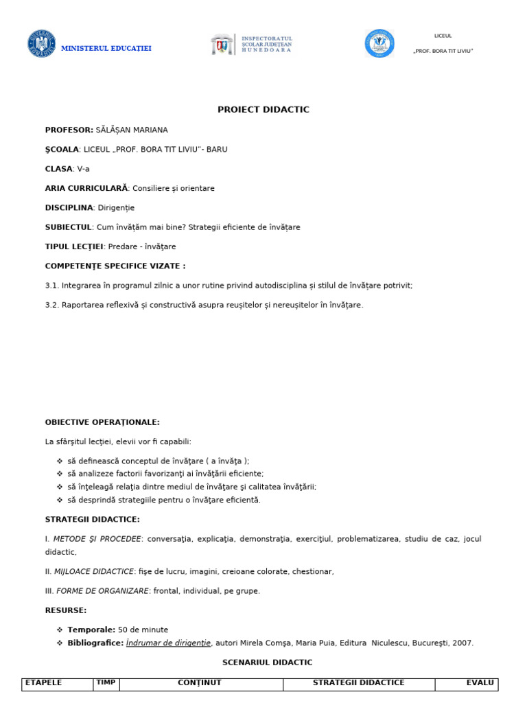 Proiect - Dirigentie - invatare-CLASA A V-A | PDF