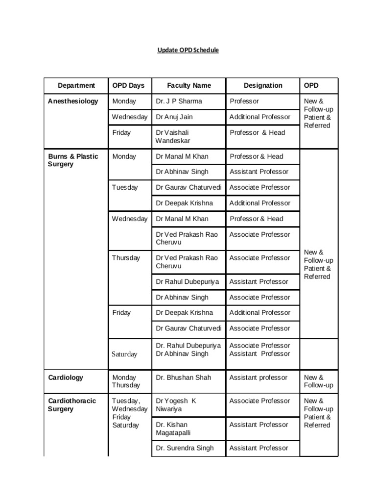 Updated Opd Schedule PDF | PDF