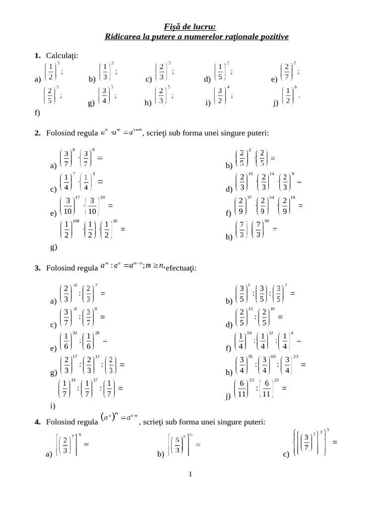 Fisa - de - Lucru - Reguli de Calcul Cu Puteri-Clasa A V-A | PDF