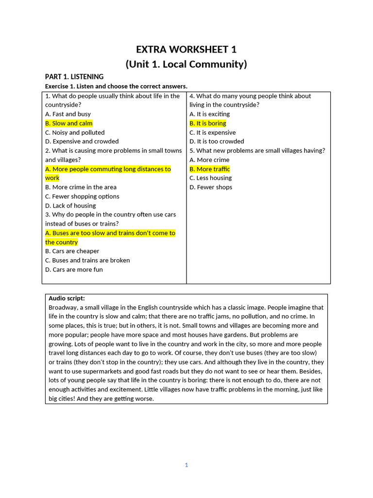 Extra Worksheet 1 (Unit 1. Local Community) : Part 1. Listening | PDF