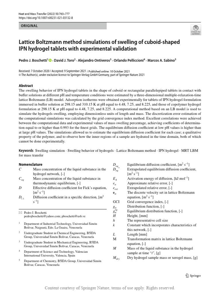 Lattice Boltzmann Method Simulations of Swelling of Cuboid Shaped IPN Hydrogel Tablets With ...