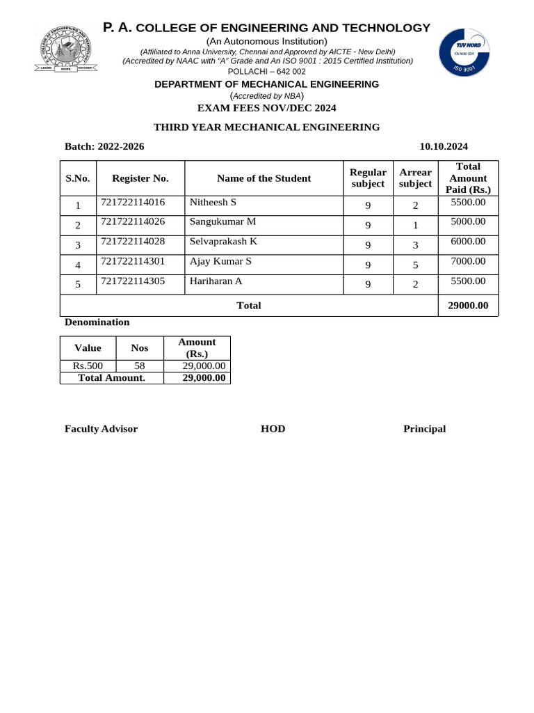 Exam Fee payment details - 10.10.2024 | PDF