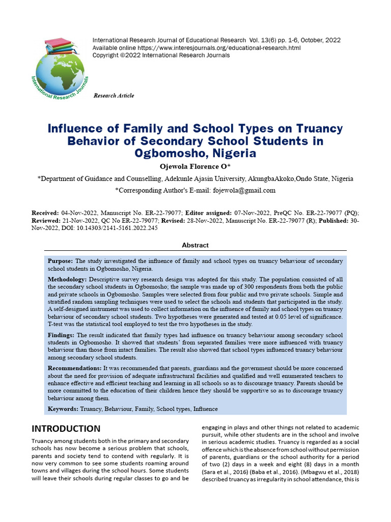Influence of Family and School Types On Truancy Behaviour of Secondary ...