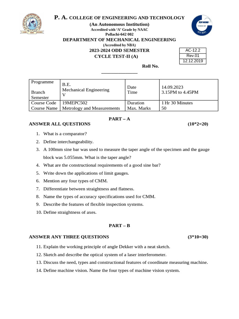 Metrology Cycle Test II-2023-2024 Odd | PDF
