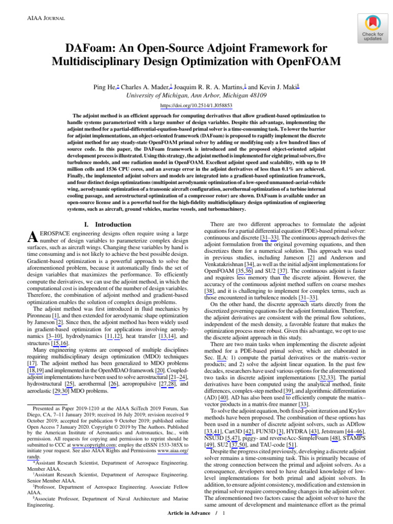 DAFoam An Open-Source Adjoint Framework For Multidisciplinary Design Optimization With OpenFOAM ...