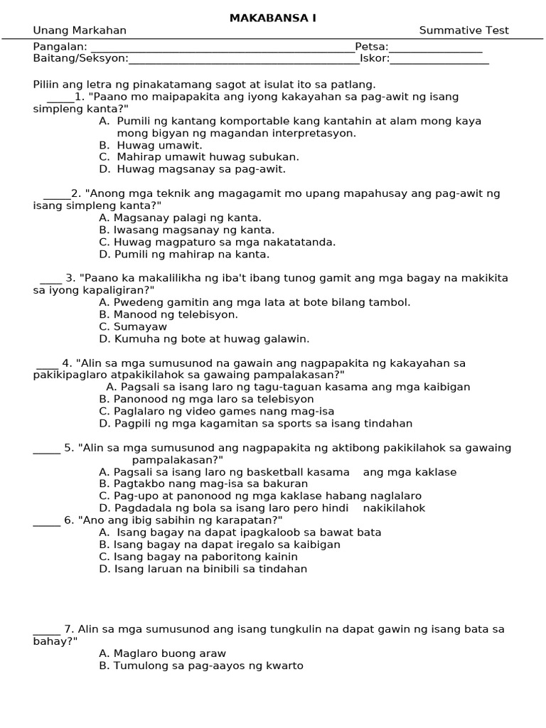 MAKABANSA-Q1-Summative-Test #3 | PDF