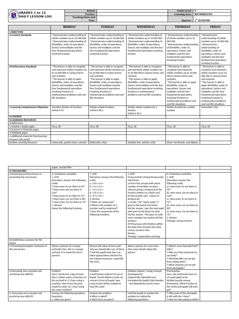DLL - Mathematics 5 - Q1 - W9 | PDF