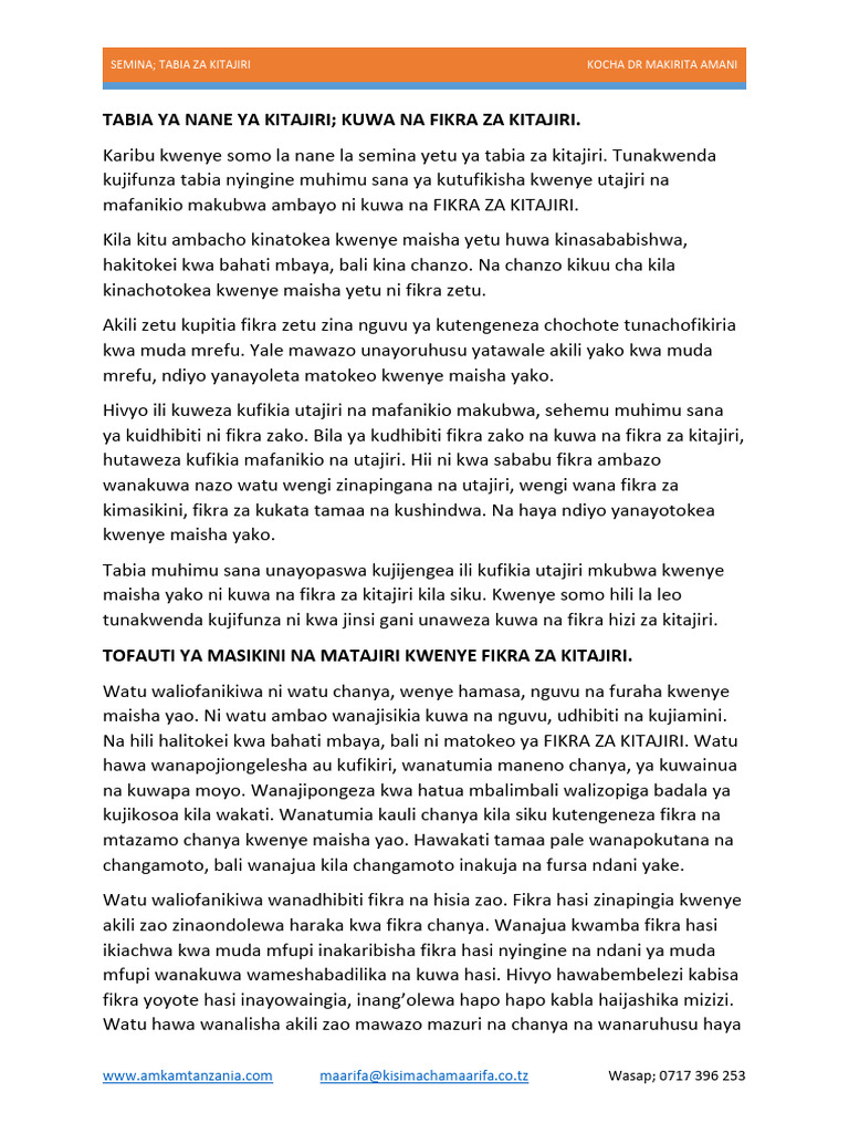 6d22d Tabia Ya Nane Ya Kitajiri Kuwa Na Fikra Za Kitajiri | PDF