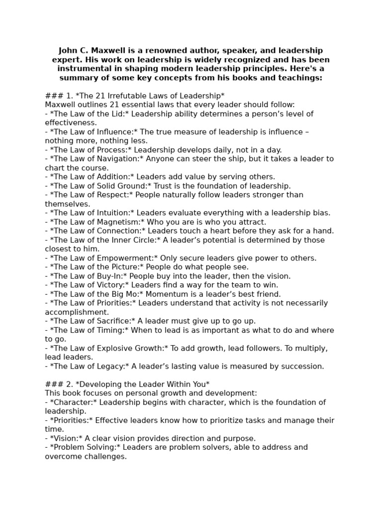 Maxwell's Leadership Principles Summary | PDF | Leadership | Disciplines