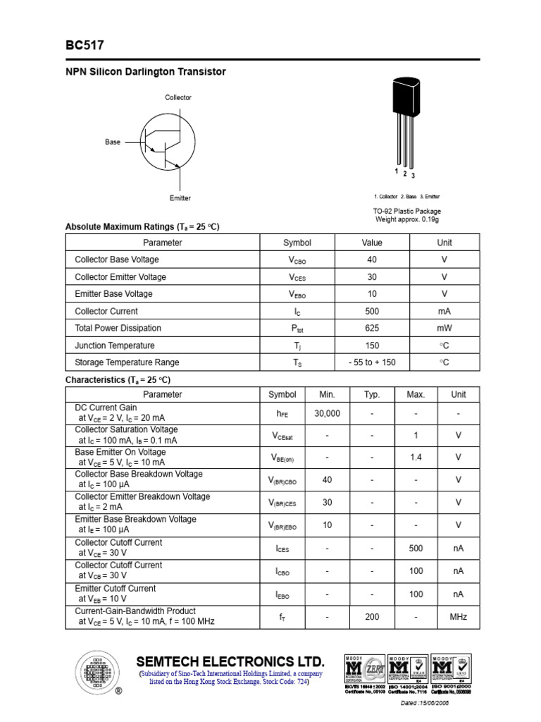 NPN Silicon Darlington Transistor: Semtech Electronics LTD | PDF