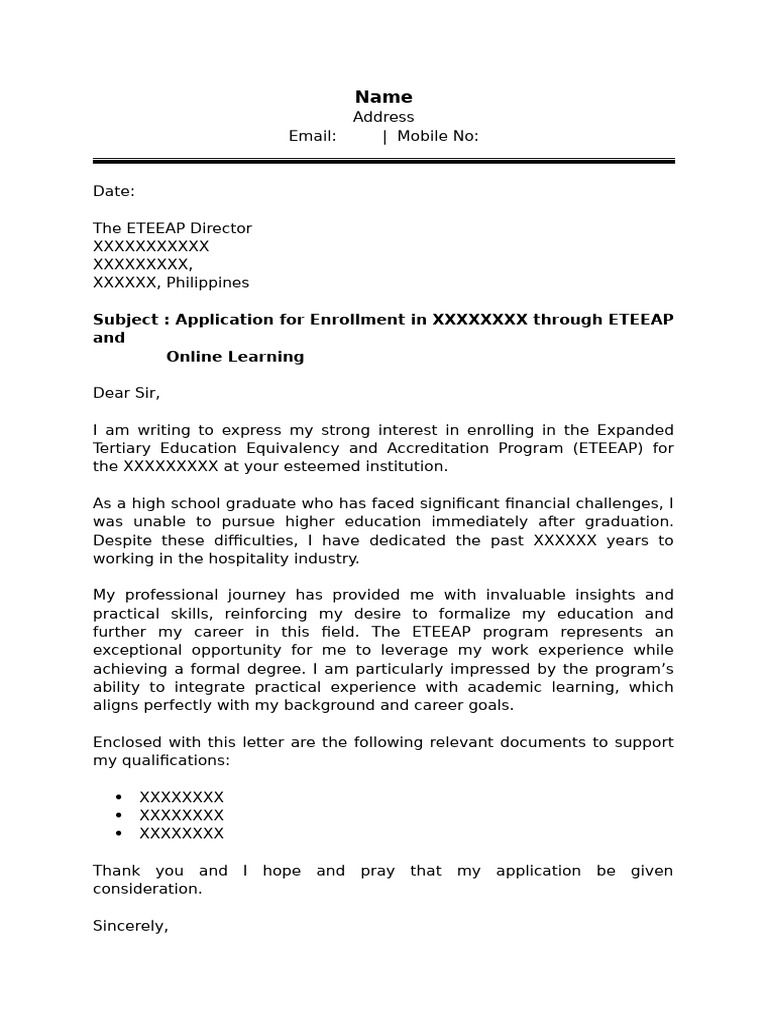ETEEAP Enrollment Application Letter | PDF