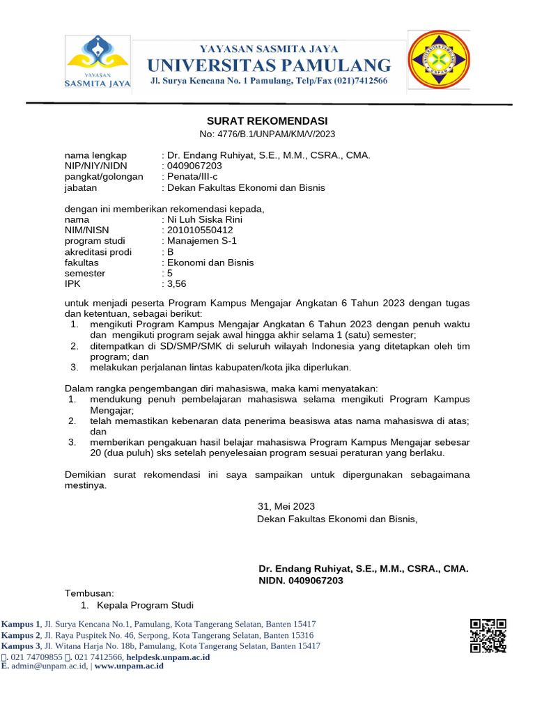 Surat Rekomendasi Kampus Mengajar Batch 6 | PDF