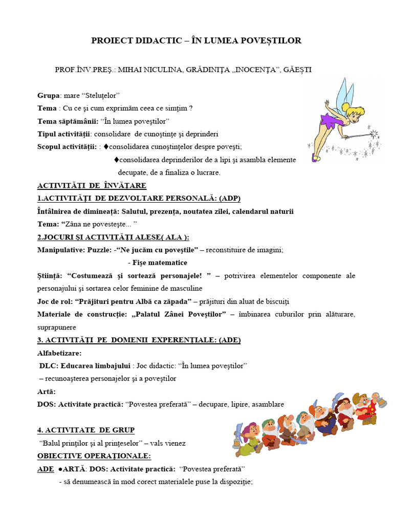 Proiect Didactic in Lumea Povestilor (Mihai Niculina) | PDF