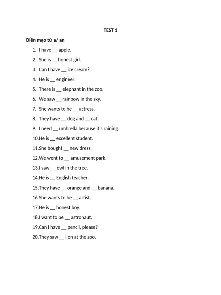 Test 1 - A and An | PDF