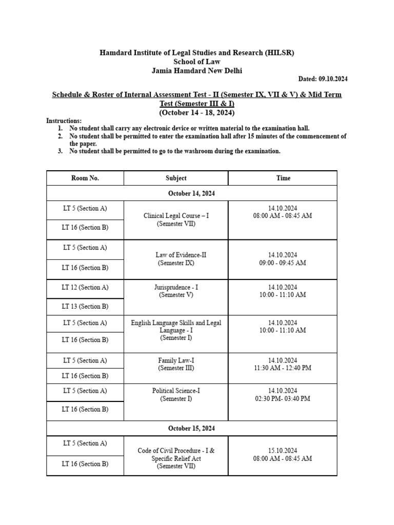 Student Copy Oct 14-18 Internal Assessment Schedule | PDF