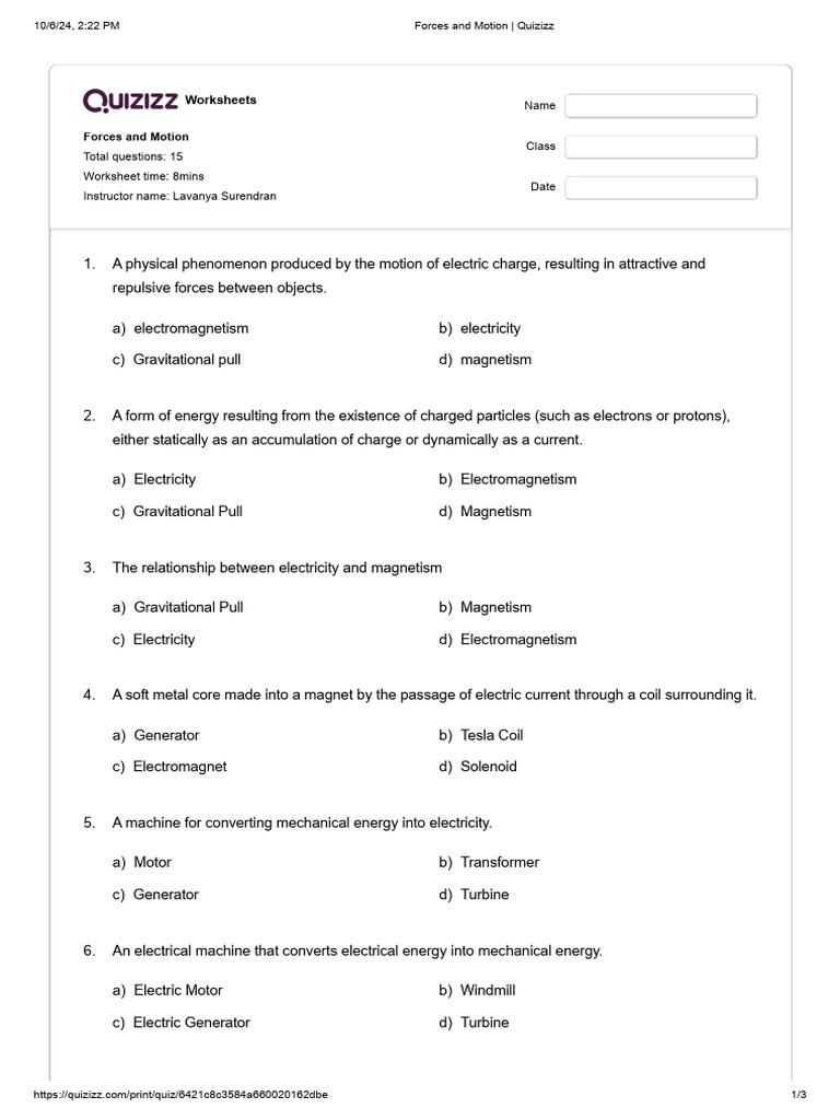 Forces and Motion Quiz Worksheet | PDF | Force | Electricity