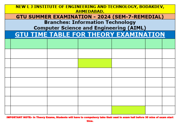 Gtu Time Table Summer 2024 Sem 7 (Remedial) | PDF