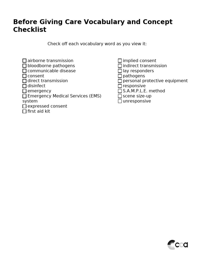 Before Giving Care Vocabulary and Concept Checklist | PDF