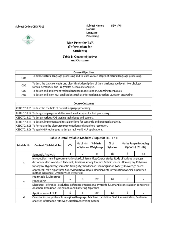 Natural Language Processing Course Outline | PDF | Semantics | Discourse