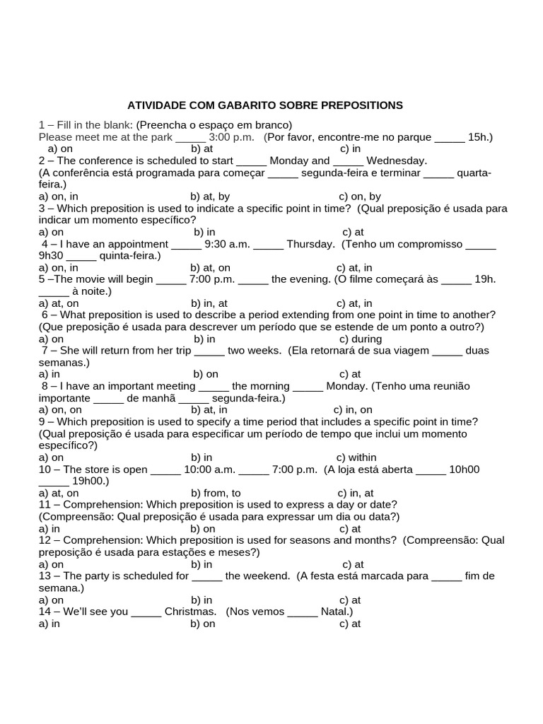 Atividade Com Gabarito Sobre Prepositions | PDF