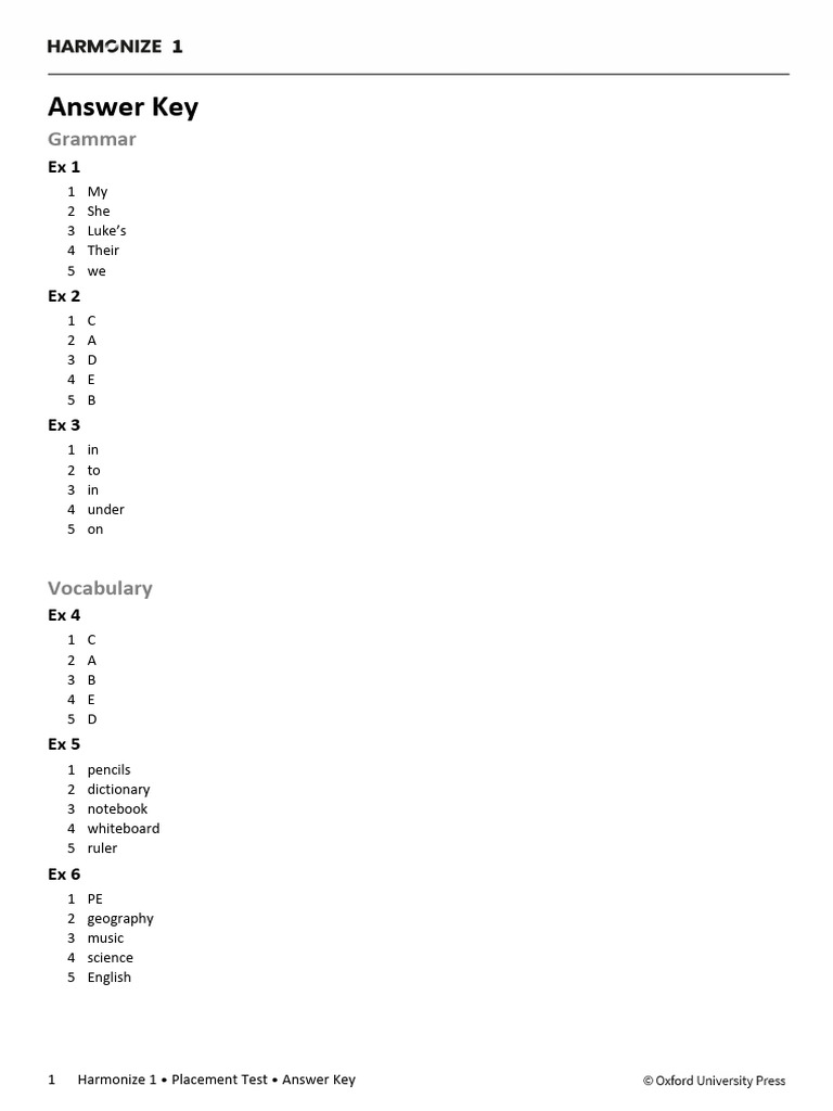 Harmonize - 1 - Placement Test - Answer Key | PDF