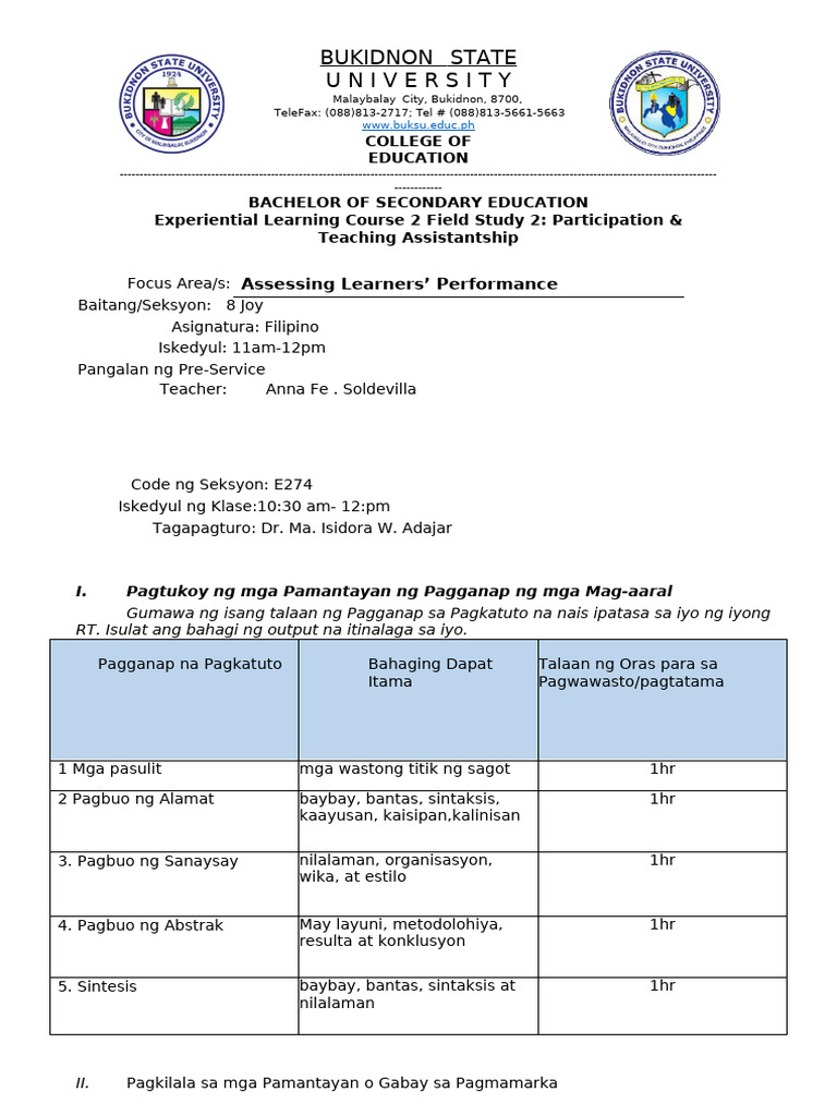 ELC 2 FS Student Assessment Filipino | PDF