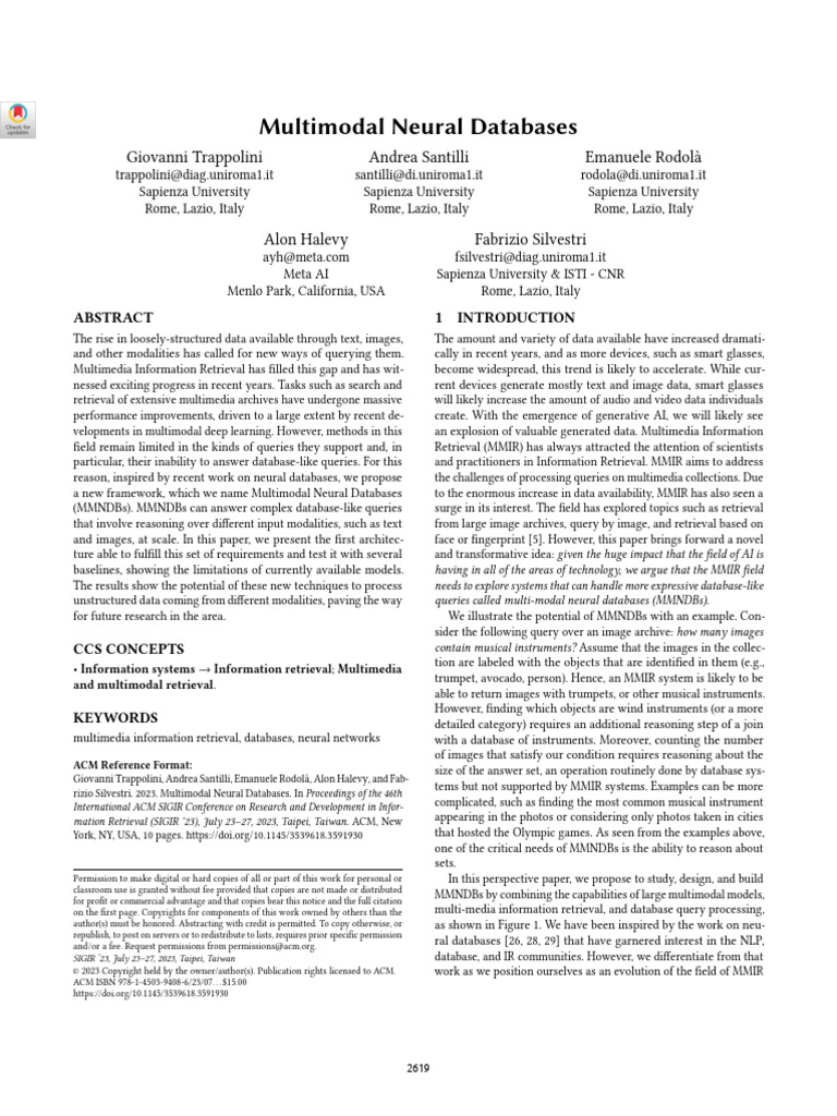 Multimodal Neural Databases: Giovanni Trappolini Andrea Santilli Emanuele Rodolà | PDF