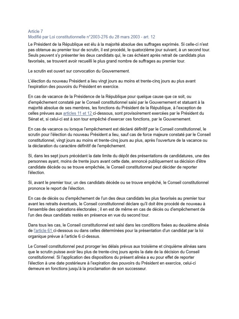 Constitution Du 4 Octobre 1958 (Article 7) | PDF