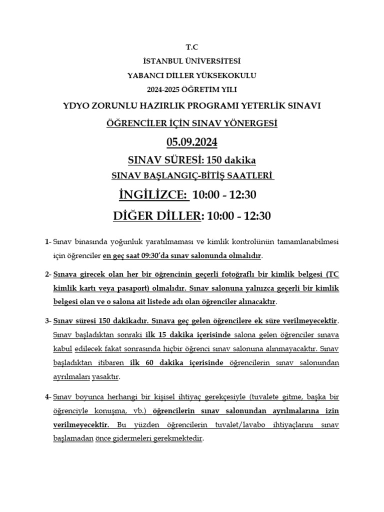 5 Eylul 2024 Ogrenciler Icin Sinav Yonergesi | PDF