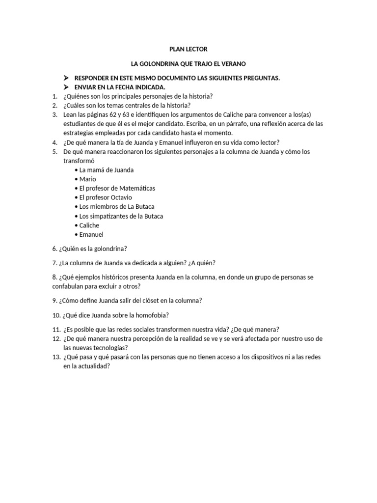 Plan Lector La Golondrina Que Trajo El Verano | PDF