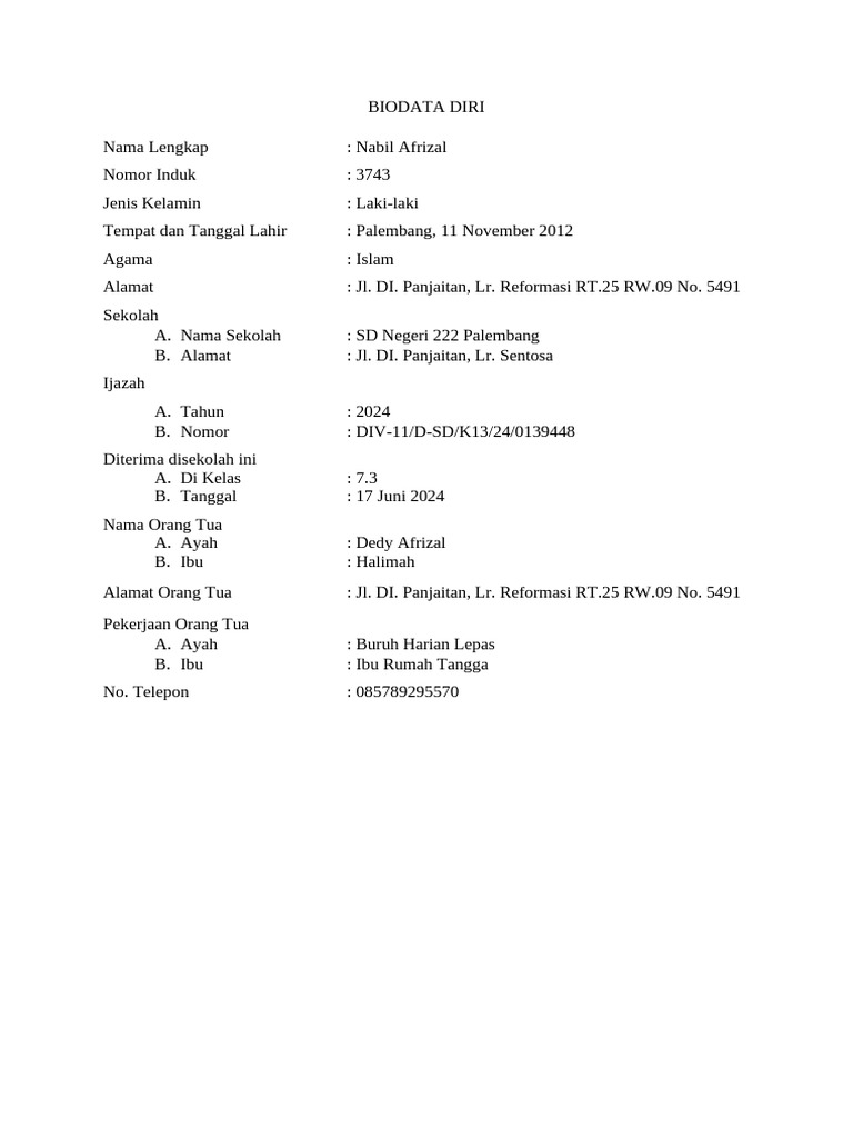 Biodata Diri SD | PDF