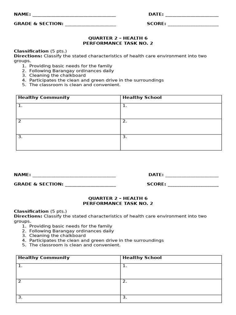 q2 Health 6 Performance Task 1 | PDF