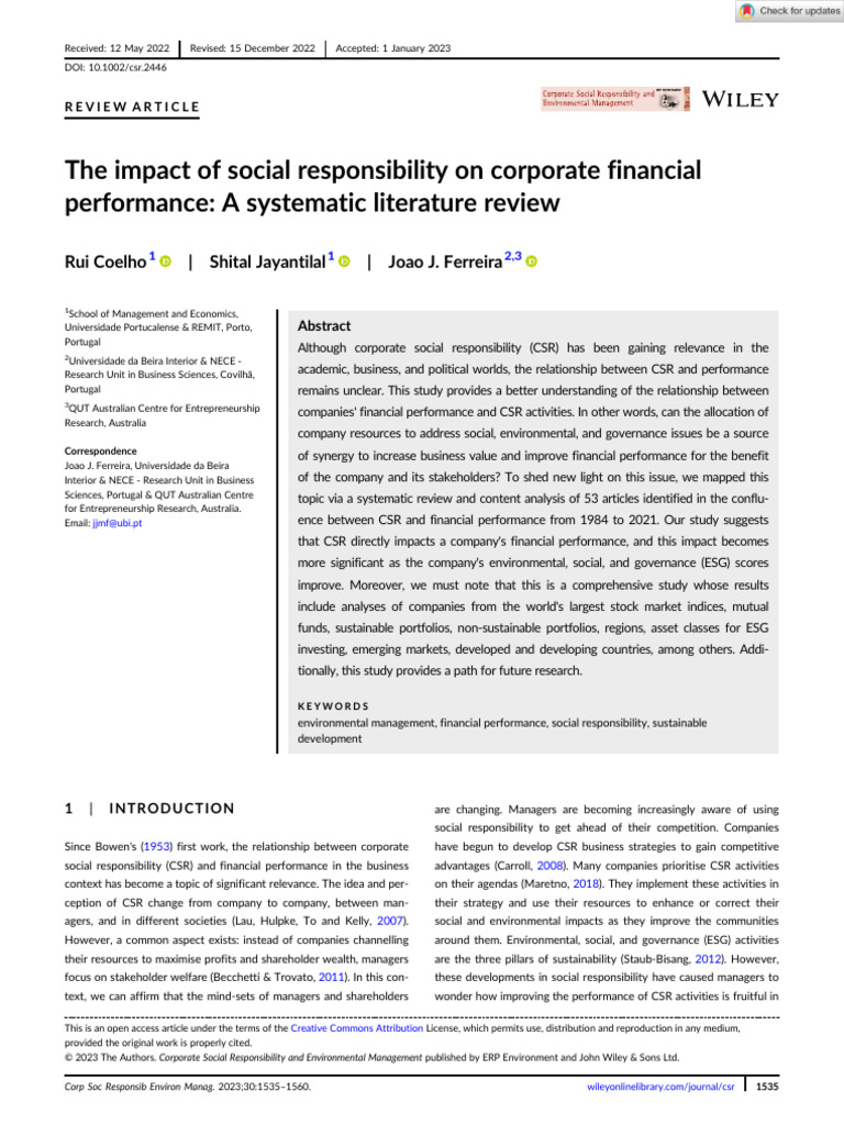 Corp Soc Responsibility Env - 2023 - Coelho - The Impact of Social Responsibility On Corporate ...