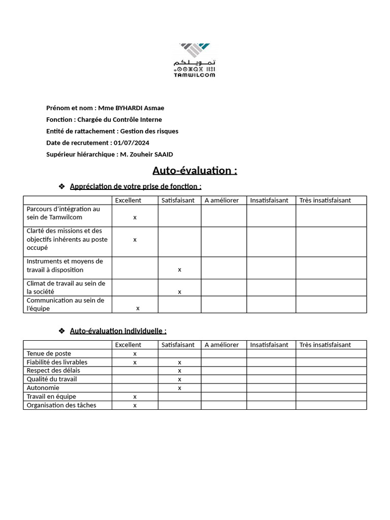 Auto-Evaluation - Période D'essai de Mme. Asmae BYHARDI | PDF