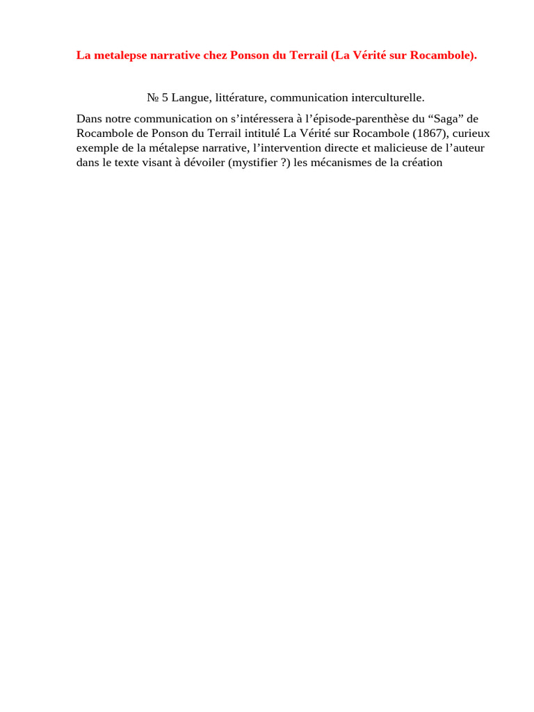 La Metalepse Narrative Chez Ponson Du Terrail | PDF