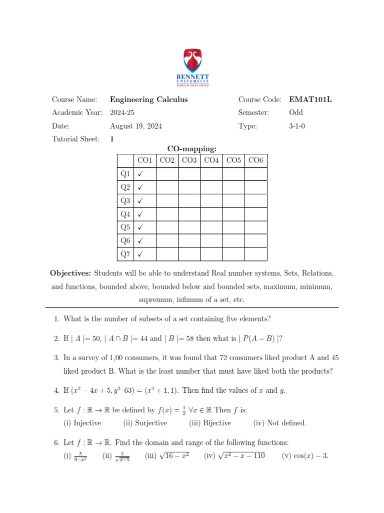Tutorial 1 EMAT101L 2024 | PDF