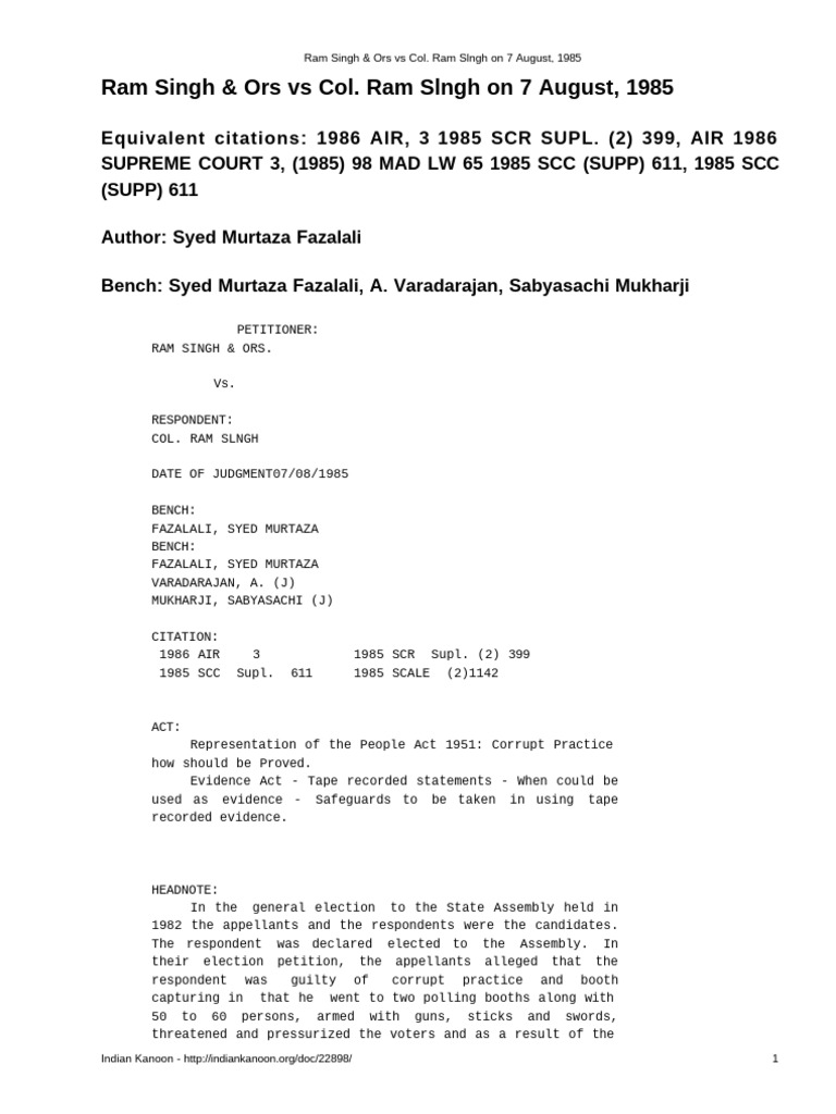 Ram Singh Ors Vs Col Ram SLNGH On 7 August 1985 | PDF | Burden Of Proof ...