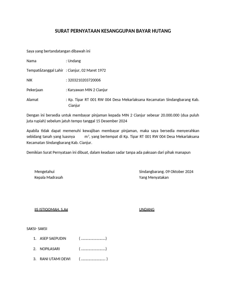 Surat Pernyataan Kesanggupan Bayar Hutang | PDF